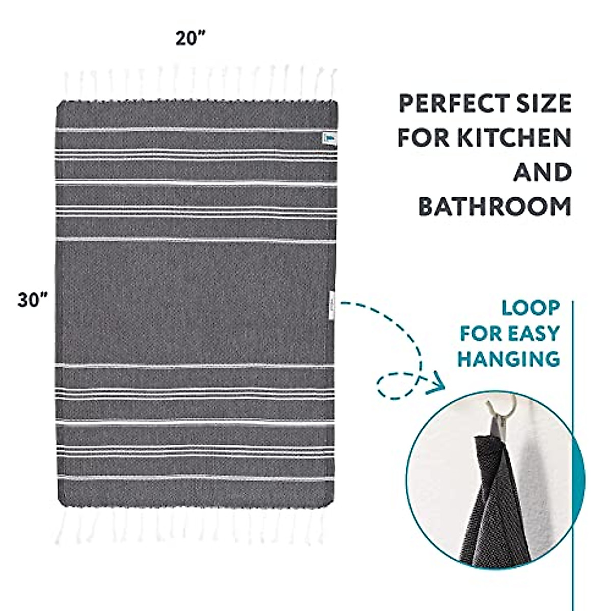 WETCAT Bundle: Turkish Hand Towels (20 x 30, Set of 2) and Turkish Bath Towel (38 x 71) - 100% Cotton, Prewashed for Soft Feel - Black and White Hand Towels & Black Bathroom Towels