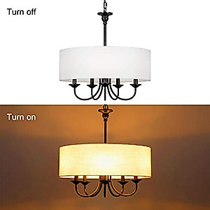 T&A Traditional 5-Light Chandelier with White Linen Drum Shade,20" Simple Chain Pendant Light Lights for Foyer Dining Room Living Room