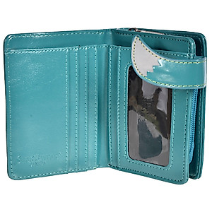 Shag Wear Women's PU Vegan Leather Colorful Slim Trendy Small Bifold Wallet with 4 Credit Card Slots, 1 Zippered Coin Pocket, and Clear ID Window (Green Eyed Kitty Teal)