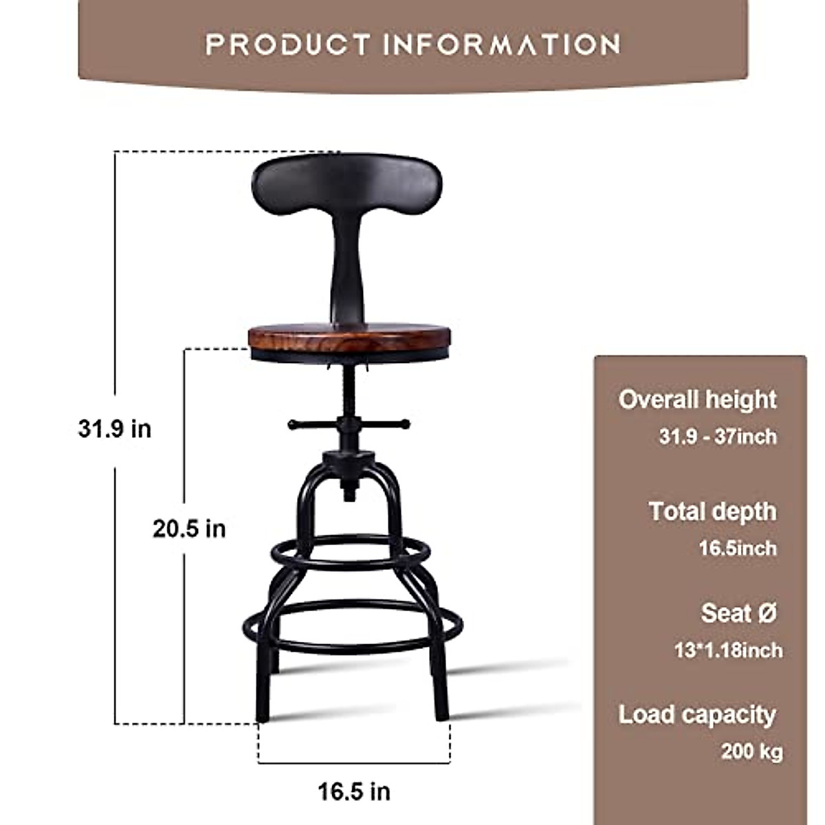 Diwhy Industrial Vintage Bar Stool,Kitchen Counter Height Adjustable Pipe Stool,Cast Iron Stool,Swivel Bar Stool,Metal Stool,27 Inch,Fully Welded Set of 2 (Iron Backrest)
