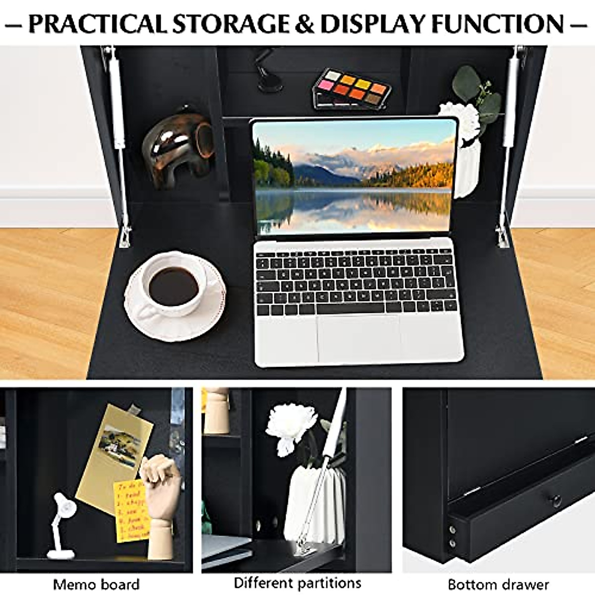 IFANNY Wall Mounted Desk, Wall Computer Desk w/Storage Drawer & Shelves, Compact Floating Desk for Wall, Space Saving Wall Desk Fold Down, Wall Desks for Small Spaces (Black)