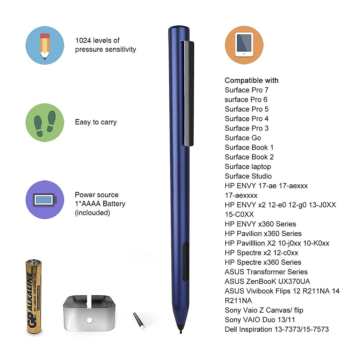 Surface Pen, Skymirror Microsoft Pen Compatible with Surface Pro 9/8/7+/X/7/6/5/4/3, Surface Book 3/2/1, Surface Go, Surface Laptop, Surface Go Laptop with high Pressure Sensitivity (Blue)