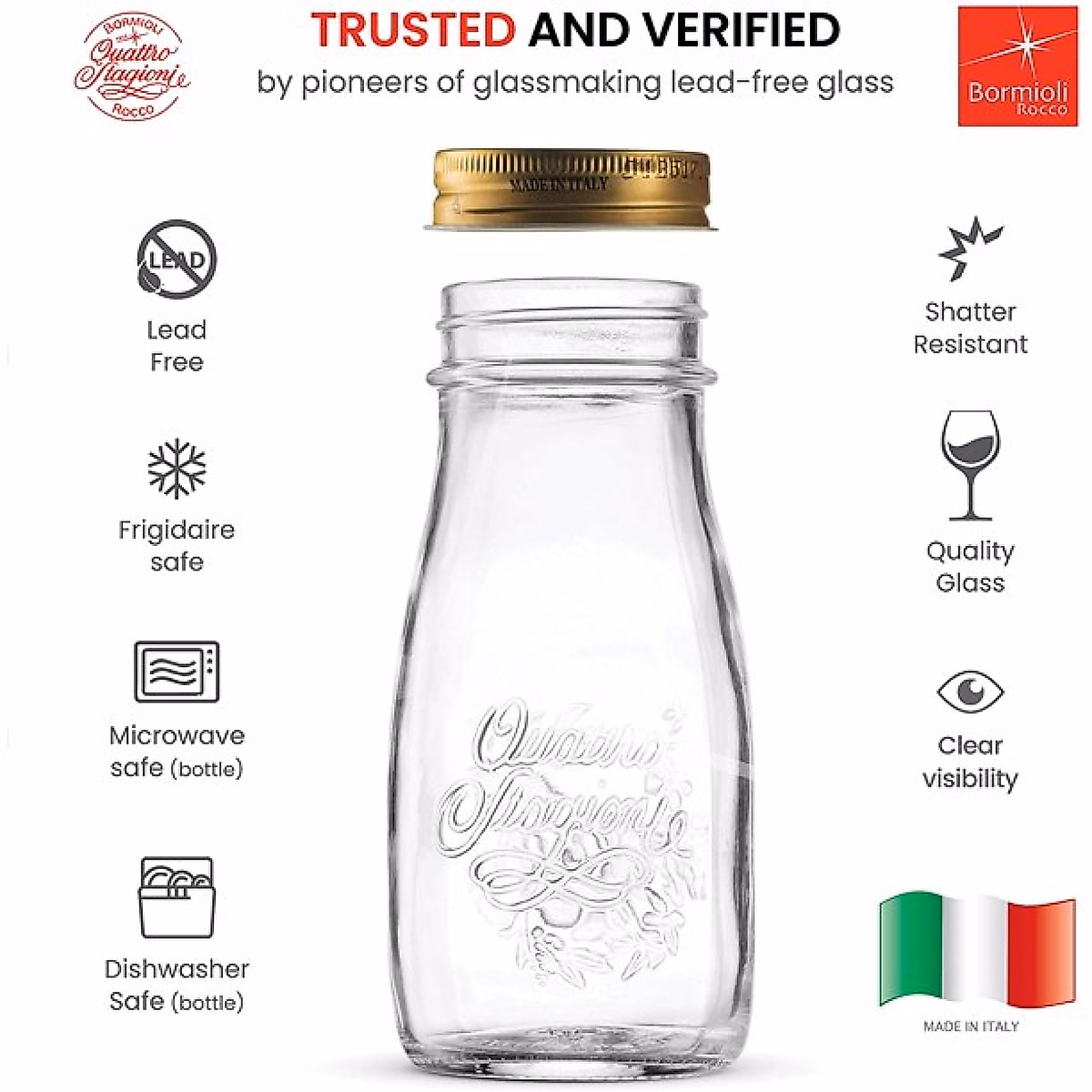 Bormioli Rocco Quattro Stagioni, Set Of 12, Glass Canning Mason Jars And Drinking Bottles, 13.5 Oz. With Gold Metal Airtight Lids, Made In Italy.