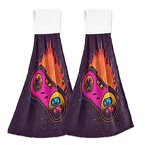 SLHKPNS Vintage Neon Gamepad Kitchen Hanging Hand Towels, Fire Game Joystick Absorbent Tie Towel with Loop 2 PCS Kitchen Linen Sets for Bathroom Restroom Home Decor