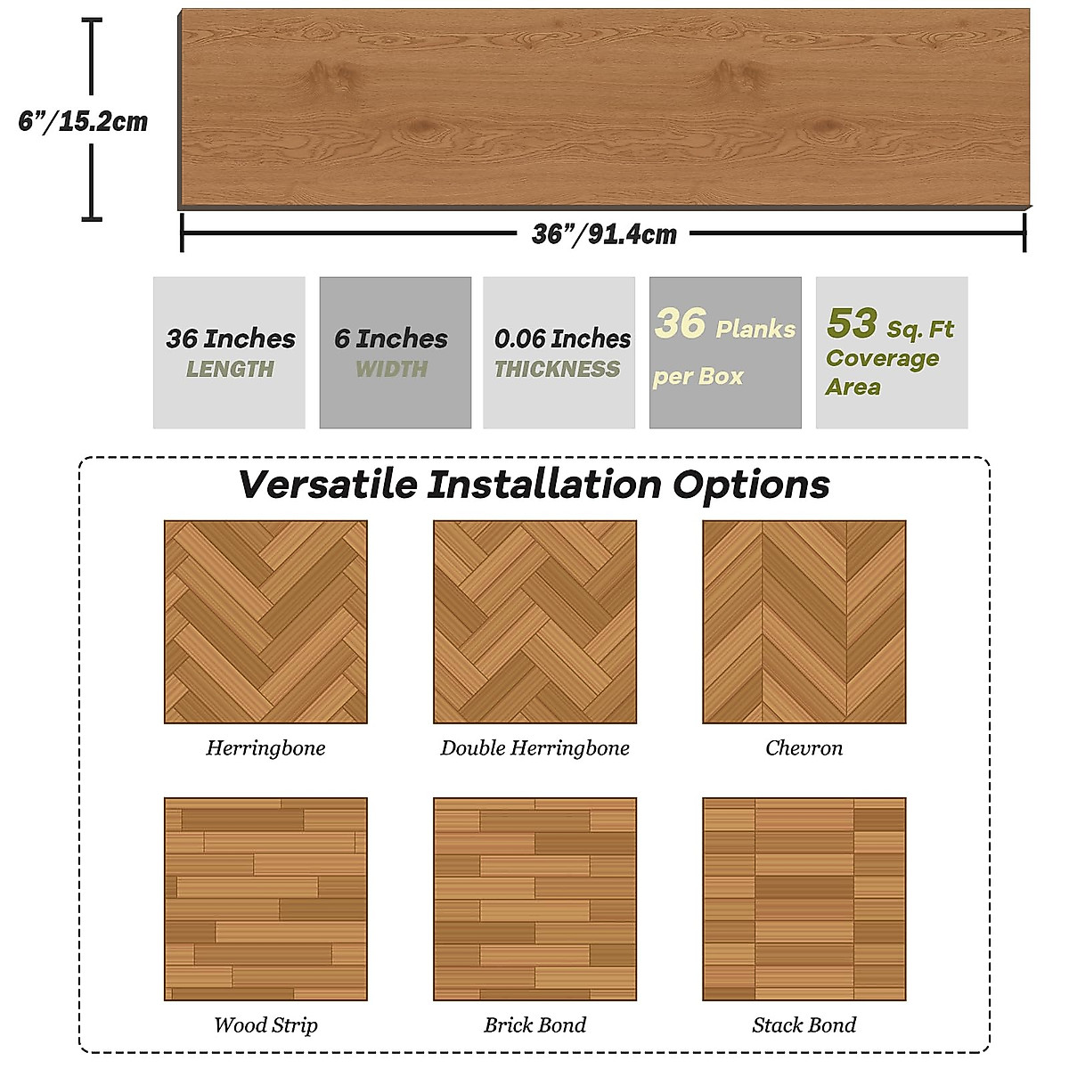 Oxdigi Peel and Stick Floor Tile 36" x 6"x 36 Packs/ 54 Sq.Ft, Thicken Wood Plank Flooring Self-Adhesive Waterproof for Kitchen Living Room RV, Easy DIY Floor Stickers, Brownish