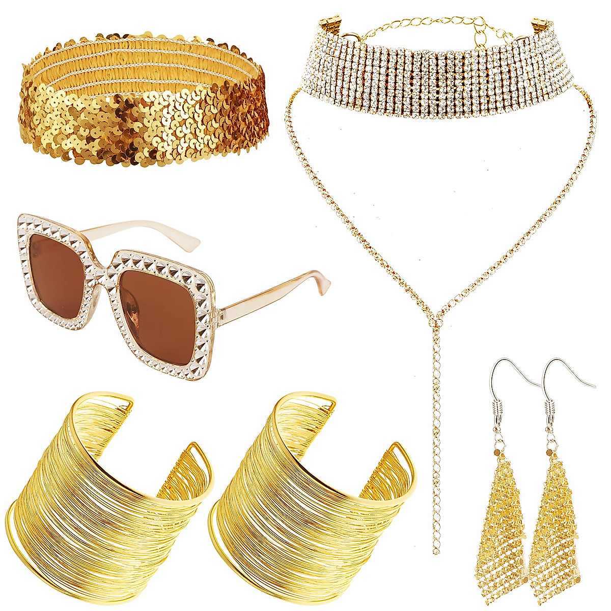 Beupy 7 Pcs Gold Disco Set 1970s Disco Accessories Disco Set Square Sparkling Sunglasses Wire Metal Coil Bracelets Glitter layered necklace Metal Mesh Grid Tassel Dangle Earrings Sequin Headband