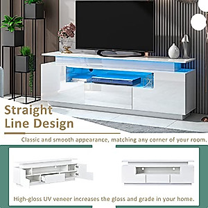 Modern LED TV Stand for 75 inch TV, White Entertainment Center with LED Lights and 4 Storage Cabinets, High Gloss Media TV Console with Drawer for Living Room, Bedroom