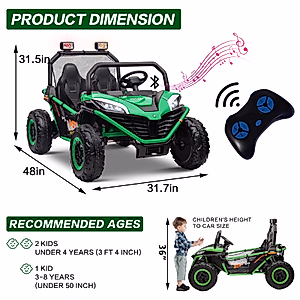MOLACHI 24V 10AH Ride on Cars 2 Seater,Electric Cars Vehicles with 2x200W Powerful Motors,Metal Frame, Brake&Gas Pedal, EVA Tires, 3 Speed, Led Light, Bluetooth, 2 Spring Suspension(Green)