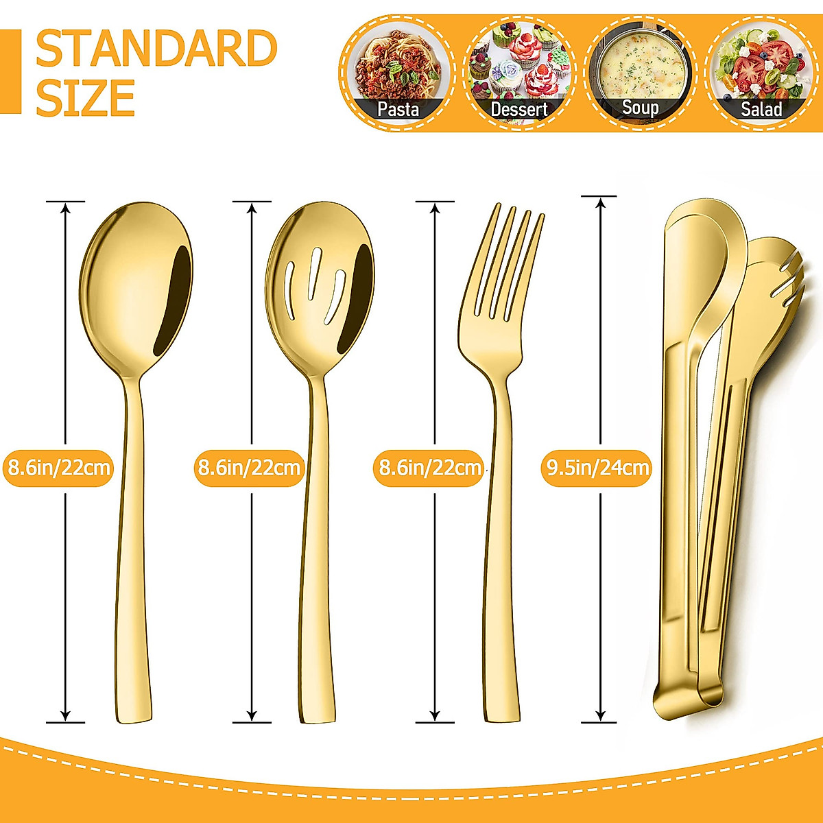 LIANYU Gold Serving Utensils Set of 8, Stainless Steel Serving Spoons, Slotted Spoons, Serving Forks, Metal Tongs for Kitchen Buffet Party Banquet Entertaining, Mirror Finished, Dishwasher Safe