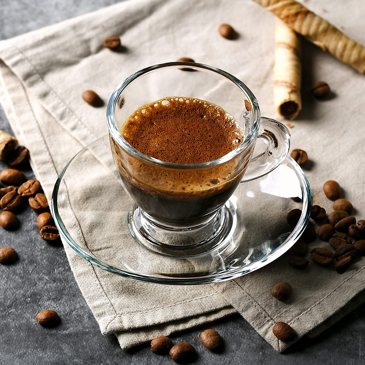 Volarium Espresso Cups with Saucers, Demitasse Clear Glass Drinkware, Set of 6 Cups and 6 Saucers for Turkish Coffee, Tea and Espresso Lover