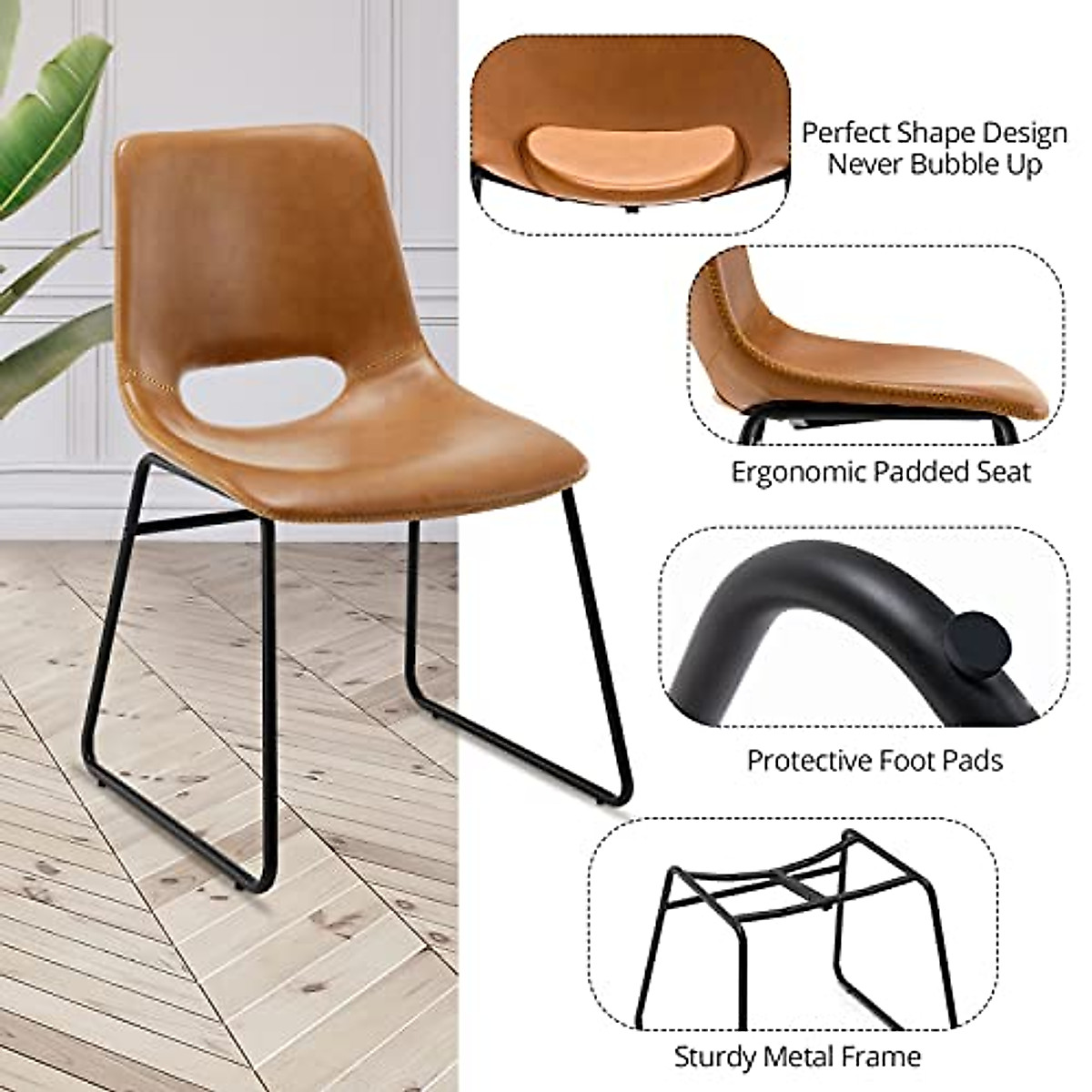 Faux Leather Dining Chairs Set of 2 Farmhouse Upholstered Dining Chair,Urban Industrial Indoor Kitchen Dining Chair, Boho Dining Chairs Mid Century Modern Minimalist Desk Chair Roxana 18" Whisky Brown