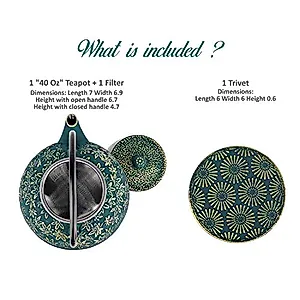 Japanese Cast Iron Teapot Large Capacity 40Oz with Trivet and Loose Leaf Tea Infuser, Cast Iron Tea Kettle Stovetop Safe. Tetsubin Coated with Enamel Interior.