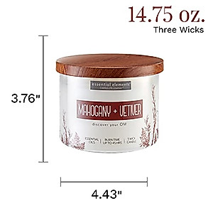 Essential Elements by Candle-lite Scented Candles, Mahogany & Vetiver Leaf Fragrance, One 14.75 oz. Three-Wick Aromatherapy Candle with 45 Hours of Burn Time, Off-White Color