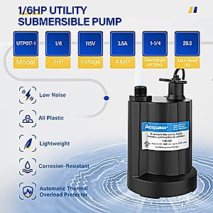 Acquaer Submersible Water Pump 1/6 HP Sump Pump Thermoplastic Utility Pump Small Electric Water Pump 1750GPH Water Remove for Basement Hot Tubs Garden Pool Cover Draining with 10 ft Cord