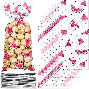 Zonon 100 Pieces Watermelon Treat Bags cellophane bags watermelon party bags Plastic Candy Bag Pink with 100 Silver Twist Ties for Summer Beach Watermelon Birthday Party Baby Shower Supplies