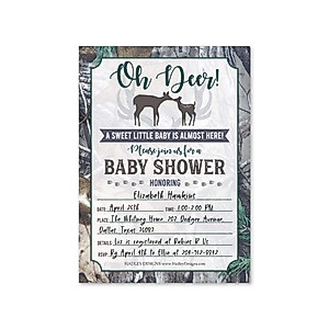 25 Blue Deer Baby Shower Invitations, Sprinkle Invite For Boy, Coed Forest Rustic Gender Reveal Theme, Cute Camouflage Buck DIY Fill or Write In Blank Printable Card, Woodland Forest Party Supplies