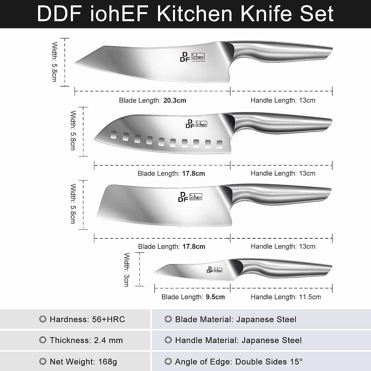 DDF iohEF Kitchen Knife Set, 4 Piece Professional Ultra Sharp Knives Set, Japanese High Carbon Stainless Steel Chef Knife Set for Home and Kitchen