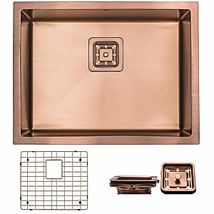 Strictly Sinks 23 Inch Undermount Kitchen Sink – Copper Single Bowl 16 Gauge Stainless Steel Bar Prep Kitchen Sink Scratch & Stain Resistant – With Square Disposal Adapter & Bottom Grid