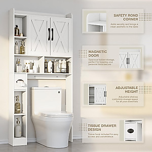 JUMMICO Over The Toilet Storage Cabinet, Bathroom Organizer with 2 Magnetic Doors and Adjustable Shelves, Home Space-Saving Toilet Rack with Paper Holder Stand, for Bathroom, Restroom, Laundry (White)