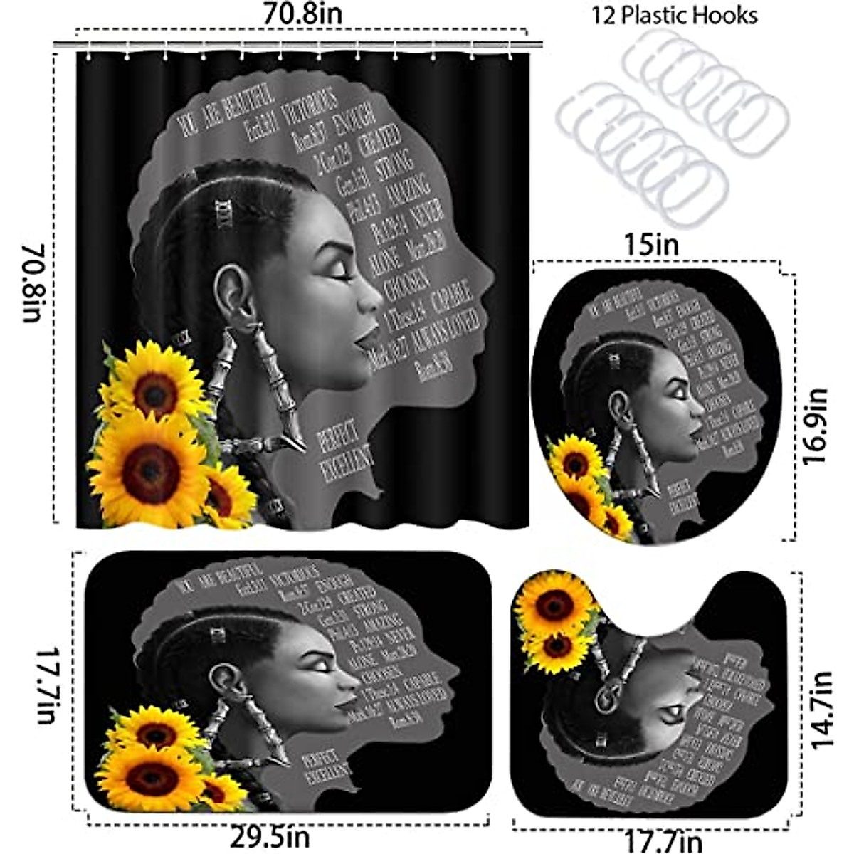 JQH store 4PCS African American Shower Curtain Set with Non-Slip Rugs Toilet Lid Cover and Bath Mat Shower Curtain with 12 Hooks Bathroom Sets with Shower Curtain and Rugs and Accessories