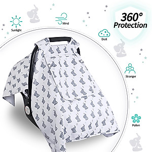 Baby Car Seat Cover, Infant Carseat Canopy with 3 Layers Windows, Breathable Mesh Peep Window, Kick-Proof Carrier Cover for Boys Girls, Windproof Stroller Cover Shower Gift for Newborn (Elephant)