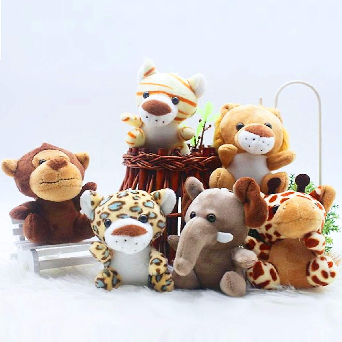 OuMuaMua 6pcs Jungle Animal Plush Toys Stuffed Animals Set, 4.8 Inch Cute Small Zoo Animals Plush Keychains for Kids Animal Themed Parties,Kindergarten Fun, Teacher Student Achievement Award