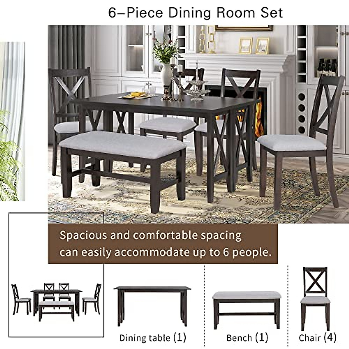 Goohome 6-Piece Kitchen Set, Mid-Century Wooden Foldable Rectangular Dining Table, 4 Upholstered Chairs and Bench Family Furniture, for Home, Apartment, Espresso