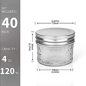 VERONES Mason Jars Canning Jars, 4 OZ Jelly Jars With One Piece Regular Lids, Ideal for Jam, Honey, Wedding Shower Favors, DIY Spice Jars, 40 PACK