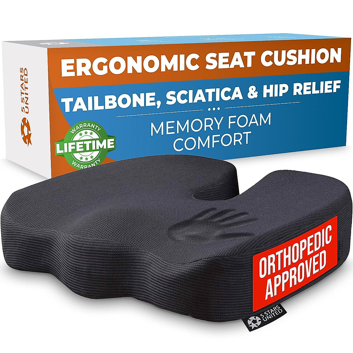 Seat Cushion Pillow for Office Chair - Memory Foam Firm Coccyx Pad - Tailbone, Sciatica, Lower Back Pain Relief - Lifting Cushion for Car, Wheelchair, School Chair, Computer and Desk Chair