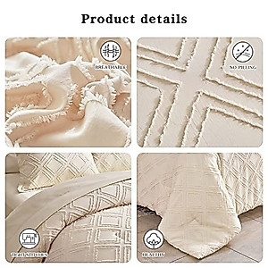 7 Pieces Tufted Bed in a Bag Queen Comforter Set with Sheets Beige, Soft and Embroidery Shabby Chic Boho Bohemian, Luxury Solid Color with Diamond Pattern, Jacquard Tufts Bedding Set for All Season