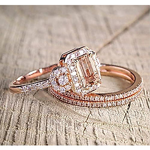 2PCS Gorgeous 18K Rose Gold Plated Morganite Ring Engagement Bridal Women Jewelry Set Morganite White Topaz Ring Set Women Bridal Wedding (6)