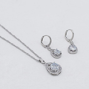 Ruzzykea Women Wedding Bridesmaid Jewelry Set Zirconia Teardrop Dangle Hoop Earrings Necklace Set for Bride Prom Party