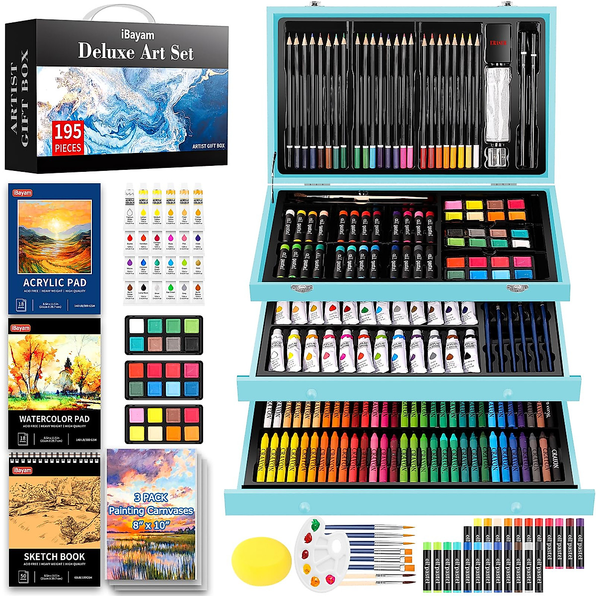 Art Supplies, 186-Pack Deluxe Art Set with 2 A4 Drawing Pads, 1 Coloring Book, 24 Acrylic Paints, Crayons, Colored Pencils, Watercake, Creative Gift Box for Adults Artist Beginners Kids Girls Boys