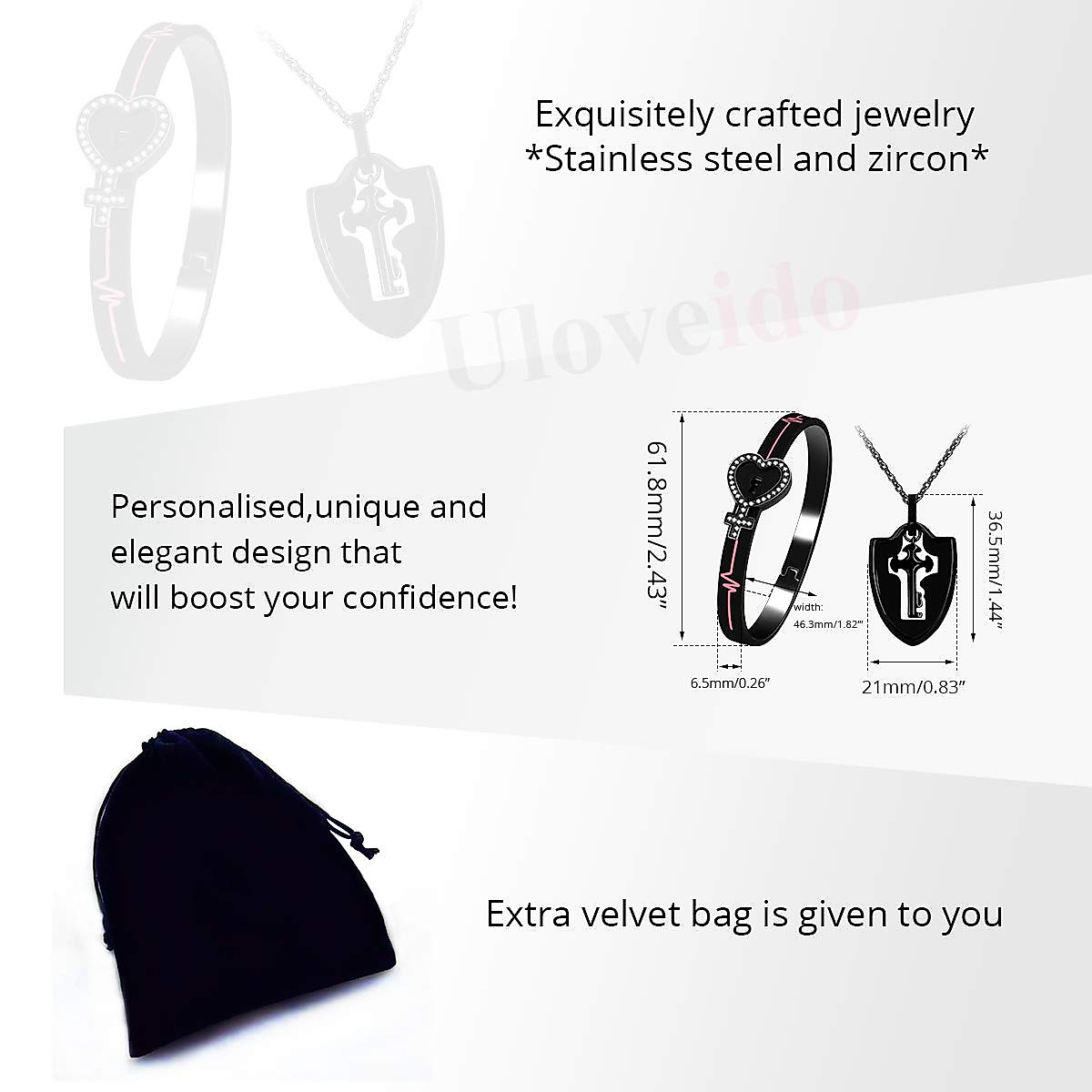 Stainless Black Heart Lock Bangle Heartbeat Line CZ Pave Cross Cuff Bracelet with Shield Key Pendant Necklace Couples Set (Heart, Black)