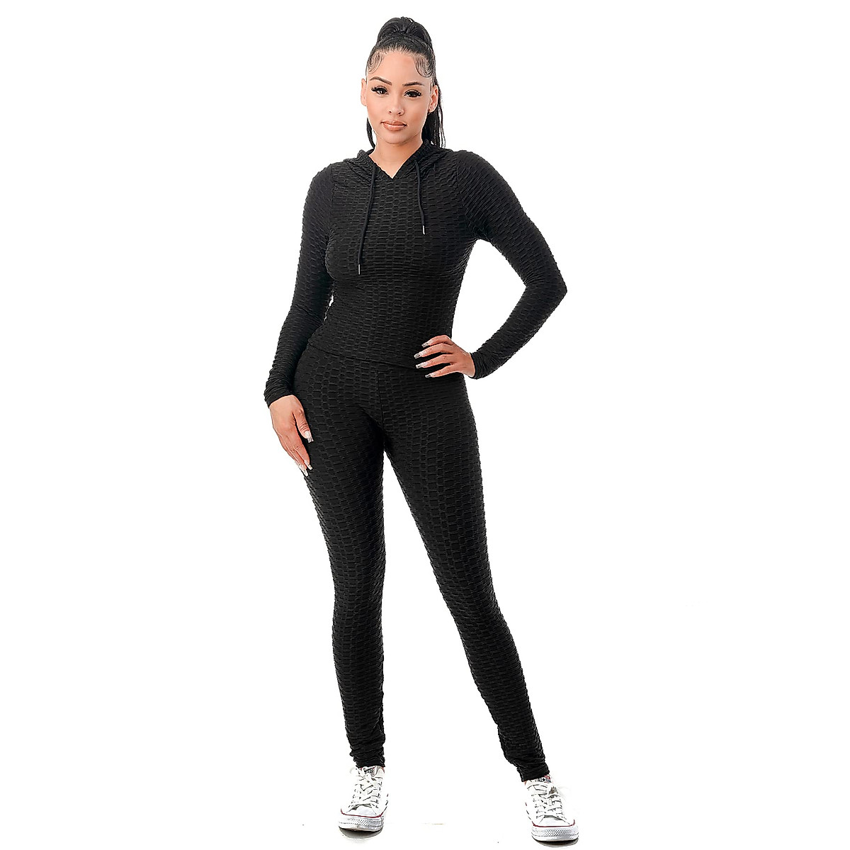 Workout Gym Bodycon Yoga Outfit 2 Piece Hoodie Set Leggings Bodysuit Plus Size (2pc Set: Black, Medium)