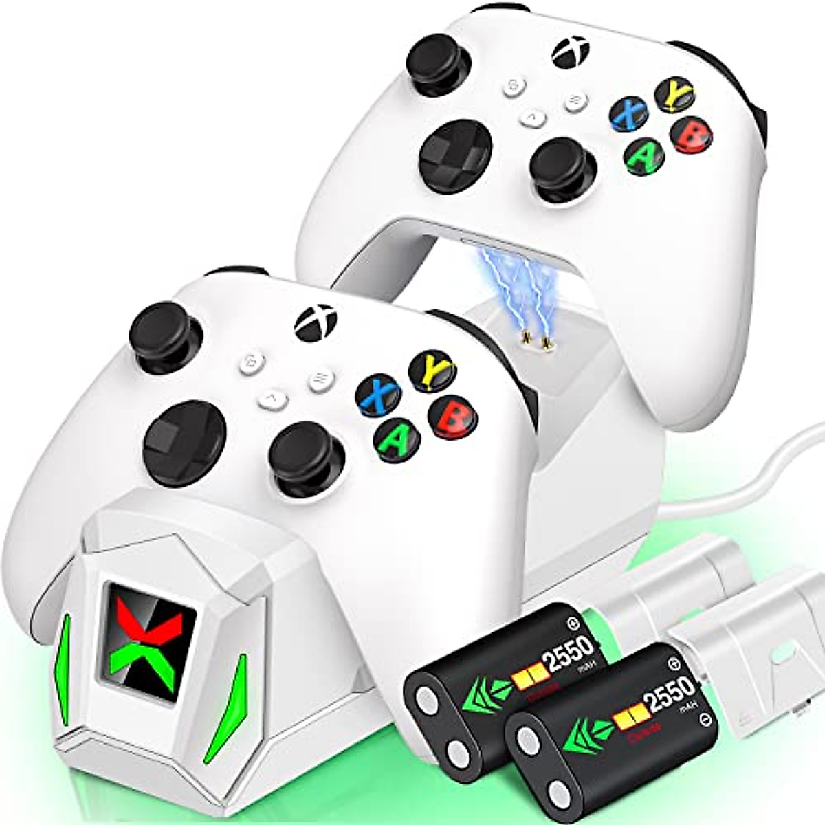Controller Charger Station with 2x2550mAh Rechargeable Battery Packs for Xbox One/X/S/Elite/Xbox Series X|S, High Speed Charging Dock with 4 Batteries Cover for Xbox One Controller Battery Pack, White