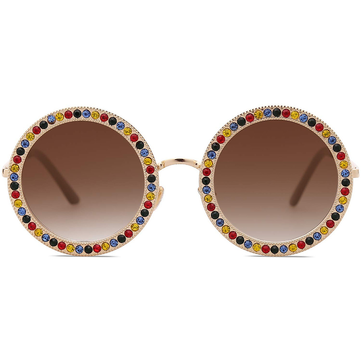 SOJOS Shining Oversized Round Rhinestone Sunglasses Festival Gem Sunnies SJ1095 with Gold Frame/Gradient Brown Lens with Colored Diamonds