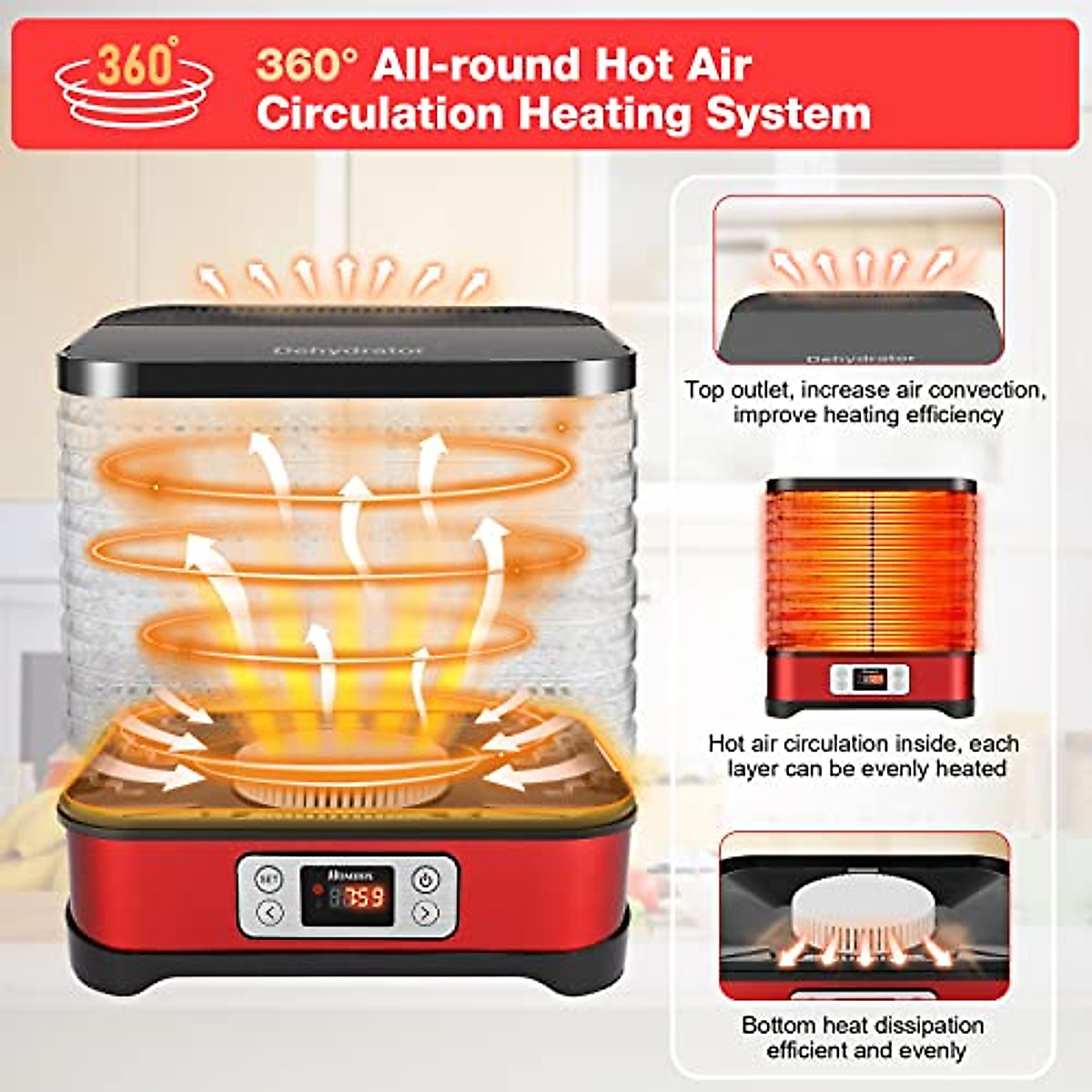 Homdox Food Dehydrator Machine, Dehydrators for Food and Jerky with Fruit Roll Sheet + 8 Trays + 400W Digital Timer and Temperature Control (95ºF-158ºF), BPA Free Red(2023 Newest)