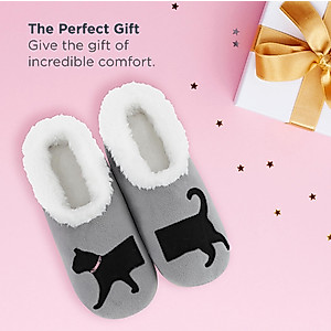 Snoozies Pairable Slipper Socks - Funny House Slippers for Women, Non-Slip Fuzzy Slipper Socks - Black Cat - Medium