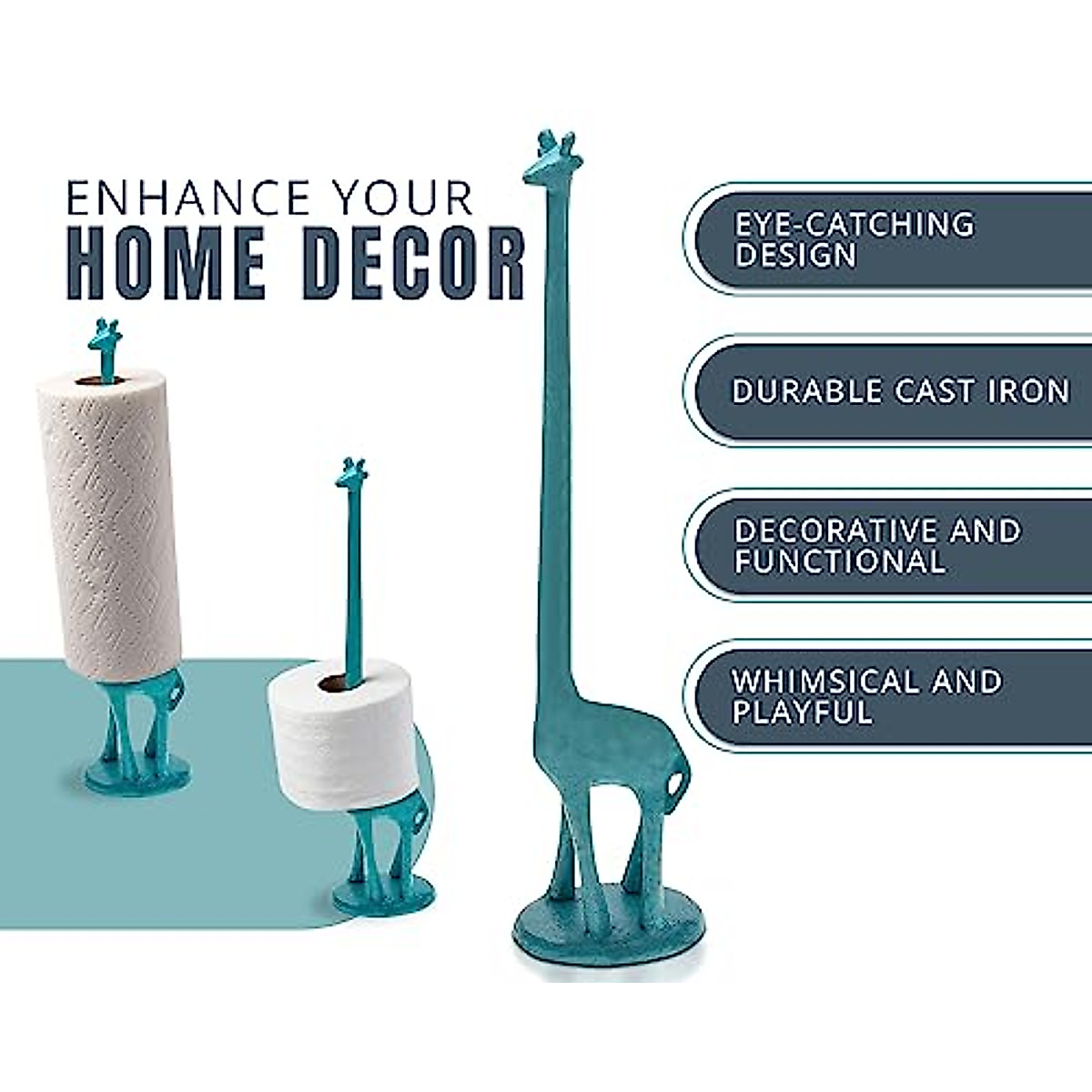 Paper Towel Holder or Free Standing Toilet Paper Holder- Cast Iron Giraffe Paper Holder - Bathroom Toilet Paper Holder or Stand Up Paper Towel Holder - Rustic Blue w/Vintage Finish by Comfify