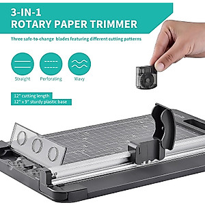 Rotary Paper Cutter, 3-in-1 Paper Trimmer, 12 Inch Cutting Length with Straight Cut/Perforating Cut/Wavy Cut, Enclosed Blades for Safe Use, Ideal for Cardstock/Paper Craft Projects