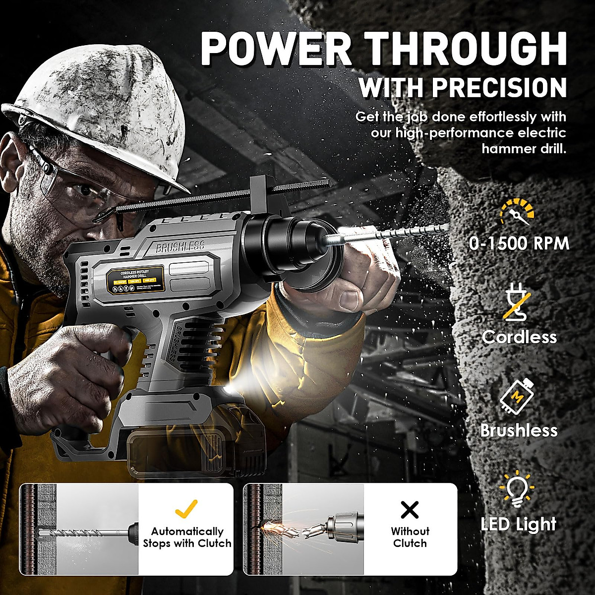 Cordless Rotary Hammer Drill for Dewalt 20V MAX Battery, Brushless SDS-Plus Hammer Drill with Safety Clutch for Concrete/Masonry, 1500 RPM, 4 Modes with 360°Auxiliary Handle, Including 4 Drill Bits
