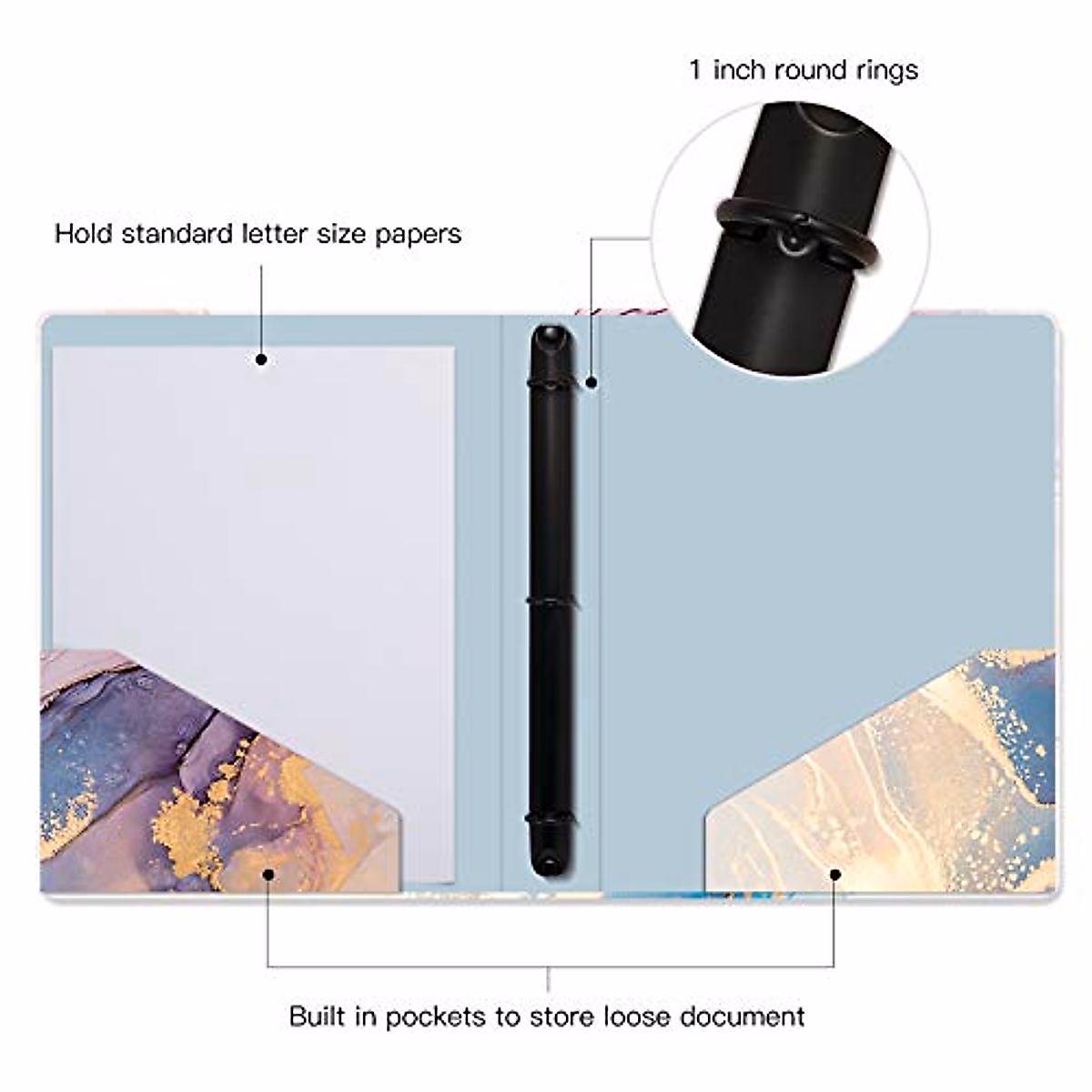 ZAXMEY 3 Ring Binder 1 Inch Ring, Fashion Design Binder for School, Home, Students, Women, Cute Custom Pattern with Hold Letter Size Interior Pockets,Gorgeous Marble