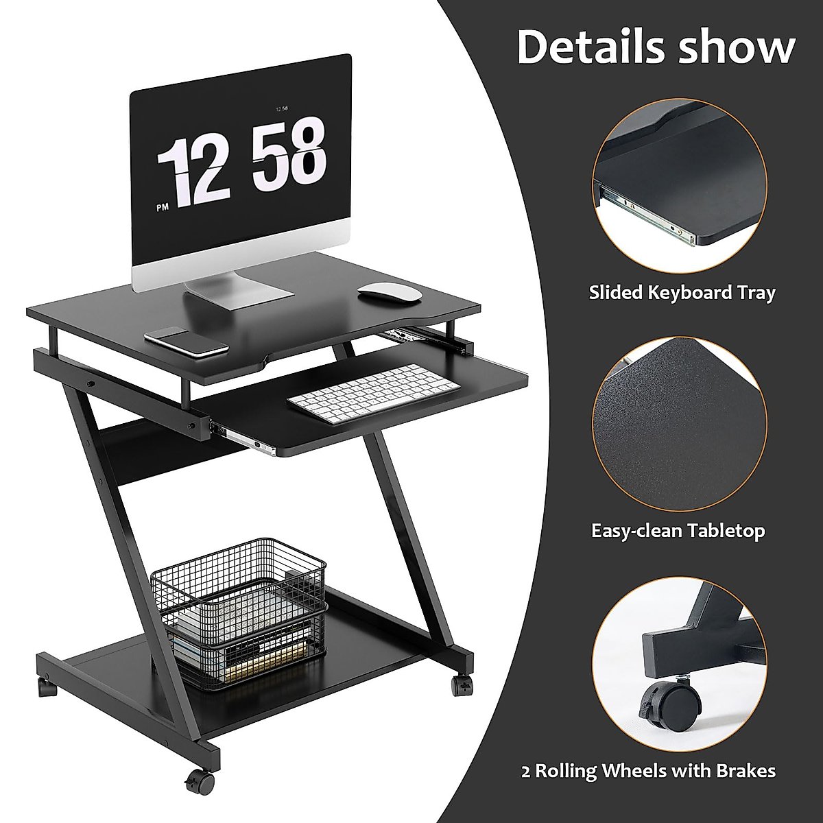 soges Small Rolling Computer Desk, Z Shape Laptop Desk Cart on Wheels, Mobile Computer Workstation for Home and Office with Keyboard Tray, Black