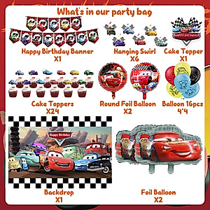 Cars Birthday Party Supplies, Lightning McQueen Birthday Party Supplies Include Banner, Foil Balloons, Backdrop, Cupcake Toppers for Lightning McQueen Cars Birthday Party Favor