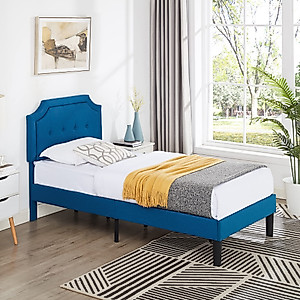 VECELO Twin Upholstered Platform Bed Frame with Adjustable Button Stitched Panel Headboard,Strong Wood Slat Support,Velcro Design,Mattress Foundation/Easy Assembly,Blue