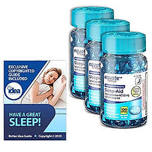 Equate Maximum Strength Sleep-Aid Softgels 50mg, 100 Ct (3 Pack) Bundle with Exclusive "Have a Great Sleep" - Better Idea Guide (4 Items)