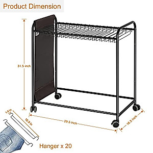 Pants Hanger Rolling Pants Trolley Pant Rack with 20 Hangers and Side Bag Multifunctional Closet Organizer for Jeans Scarf Skirts Trouser Blanket, Black