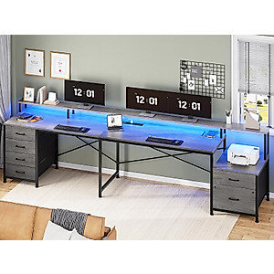 SEDETA L Shaped Desk with 6 Drawer, 108" Home Office Desk with File Drawer & Power Outlet, Corner Computer Desk with Monitor Shelf, Two Person Desk, Gaming Desk with Led Lights, Grey