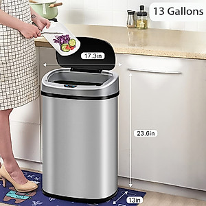 HGS Touch Free Trash Can Brushed Stainless Steel Garbage Cans Automatic Waste Bin 13 Gallon with Lid, Touchless Sensor Bins for Kitchen Bathroom Bedroom Home Office, 50L, Silver